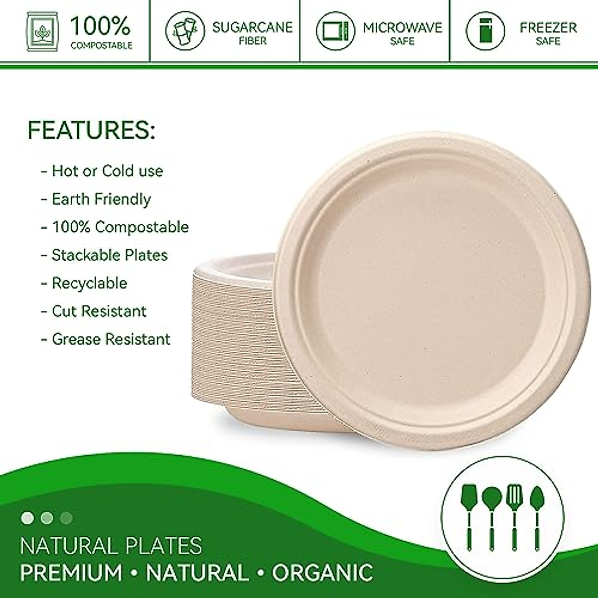 Amozife 100% Compostable 7 Inch Paper Plates, 125 Count Disposable Eco-Friendly Brown Dinner Plates, Biodegradable Heavy Duty Plates for Parties, Weddings, Catering, Events
