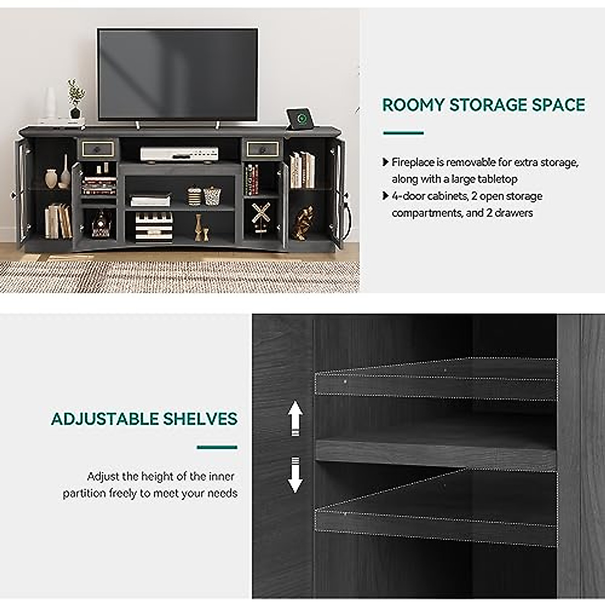 YITAHOME 70 Inch Electric Fireplace TV Stand for up to 80 Inch TVs, LED Entertainment Center with Fireplace for Living Room, Farmhouse Fireplace TV Cabinet with Storage (Grey)