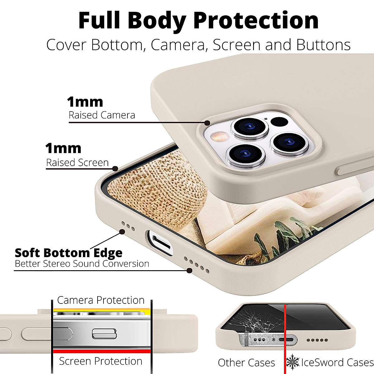 IceSword iPhone 12 Case and iPhone 12 Pro Case 6.1” (2020),Liquid Silicone Case Cover, Soft Microfiber Cloth,Matte Light Beige Tan Cream Warm Sand Pearl Cute,Gel Rubber Drop Protective 12/12P - Stone