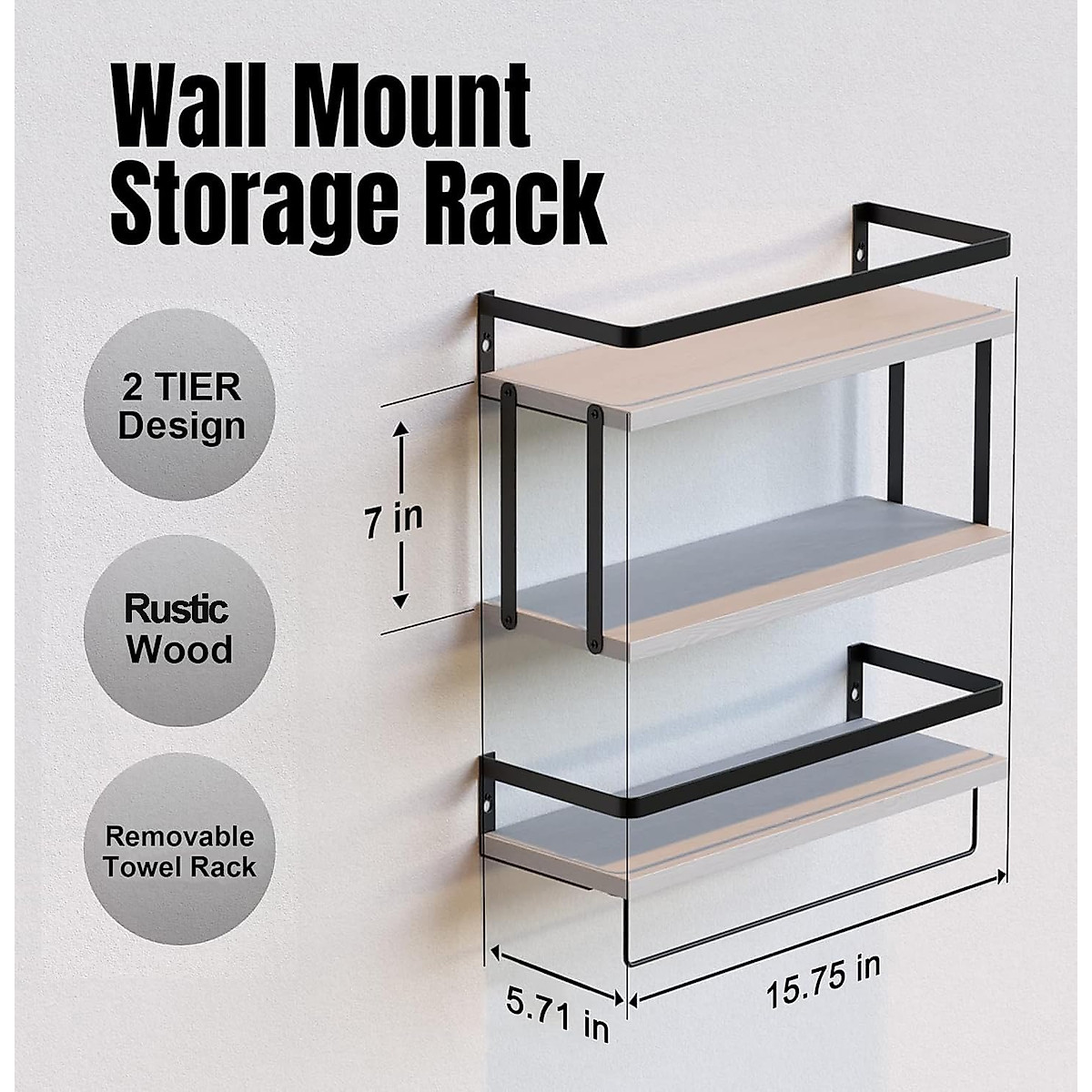 RICHER HOUSE 2+1 Tier Wall Mounted Floating Shelves Set of 2, Rustic Wood Wall Shelf with Metal Frame, Extra Storage Rack for Bathroom, Kitchen, Bedroom with Tissue Rack & Towel Bar - White
