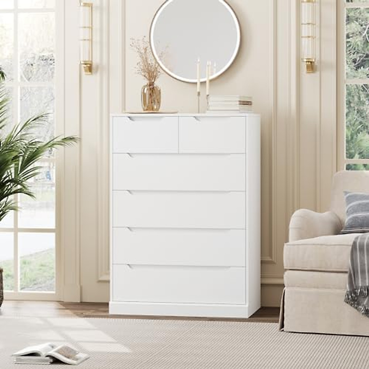 HOSTACK Modern 6 Drawer Dresser for Bedroom, Tall Chest of Drawers with Storage, Large Wood Storage Chest Organizer with Cut-Out Handle, Accent Storage Cabinet for Living Room, Entryway, Classic White