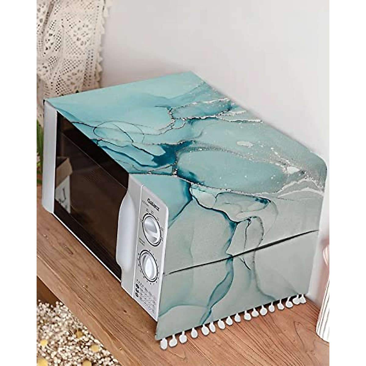 Comforance Marble Turquoise Microwave Cloth Cover 12x35inch, Anti-Slip Dust Oil Proof Cloth, Decorative Kitchen Appliance for Refrigerator Washing Machine Protector, Marble Textured Modern