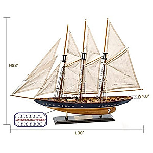 SAILINGSTORY Wooden Sailboat Model Ship Sailboat Decor 30" Schooner Atlantic 1:50 Scale Replica Navy and Walnut Antique Finish