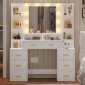 BTHFST Glass Top Vanity Desk with Mirror and Lights, Makeup Vanity with Lights, Charging Station and 10x Magnifying Mirror, Large Vanity Table with 8 Drawers, Acrylic Dividers and Shelves, White