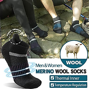Merino Wool Ankle Hiking Socks Compression Warm Thermal Winter Thick Cushion Running Moisture Wicking No Show Socks Gifts Stocking Stuffers for Women Men 6 Pairs(Black,L)