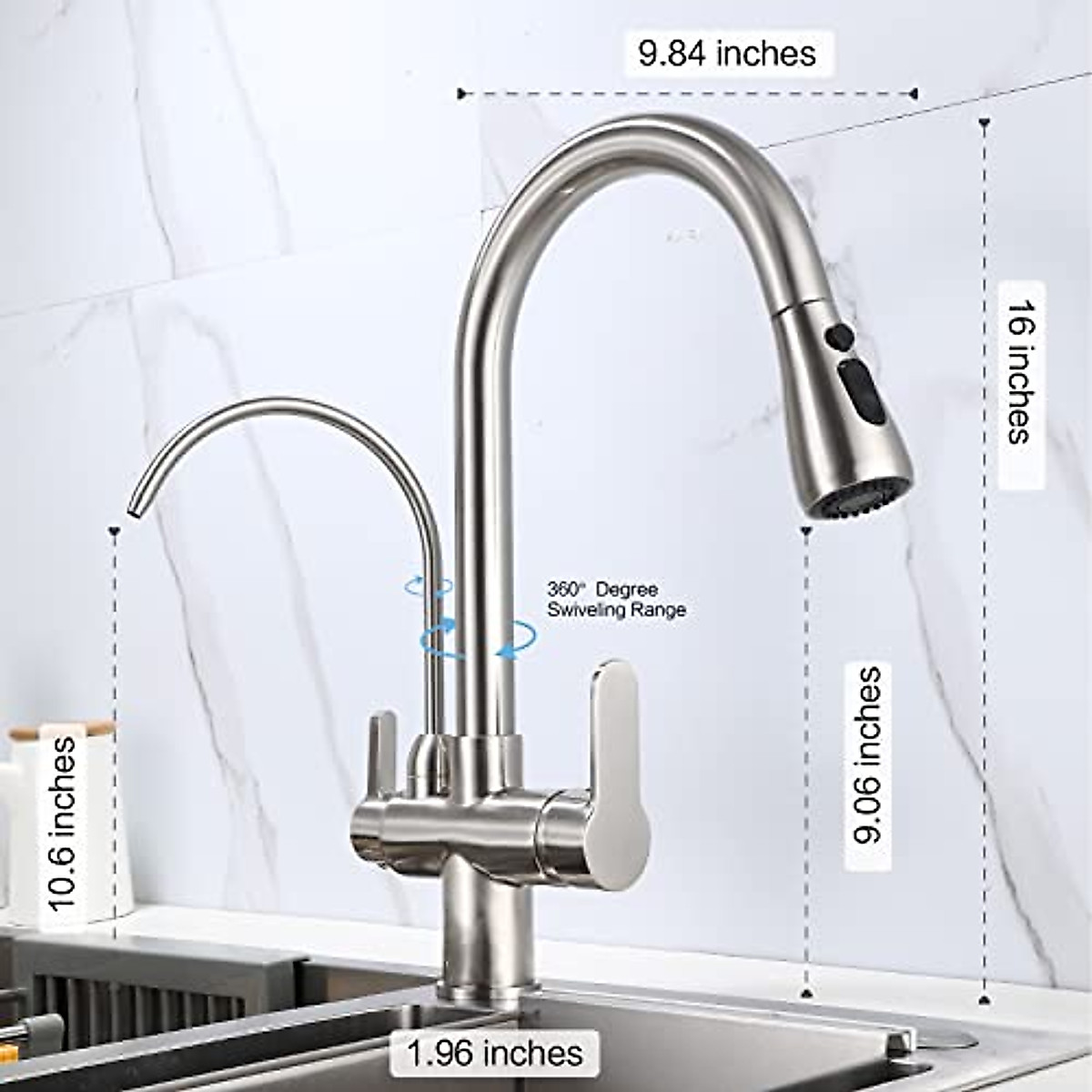 HUAHUALALA Kitchen Sink Faucet with Pull Down Sprayer 2 Handle 3 in 1 Water Filter Purifier Faucets, Brass Drinking Water Faucet Reverse Osmosis Faucet Brushed Nickel