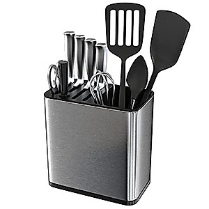 ODesign Utensil Crock Holder with Knife Block for Countertop Stainless Steel Knife Rack Holder with Slot for Scissor Sharpening Rod Multi-function Knife Organizer