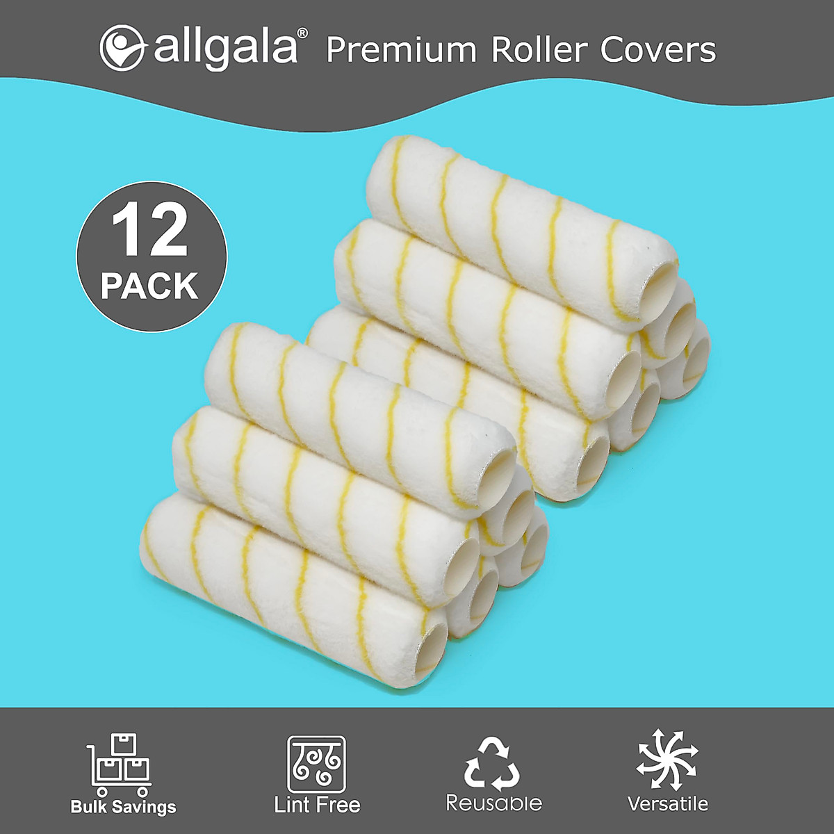 Allgala Paint Roller Covers, 12-Pack 9 Inch Shedless Paint Roller Covers 1/2 Inch Nap, Covers for Paint Roller Frame and Paint Roller Kit