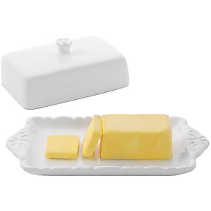 MyGift Vintage French Country Style White Ceramic Large Butter Dish Tray with Tulip Handle Top Lid, Kitchen Countertop Bi-Coastal Butter Keeper with Cover, Holds 2 Sticks