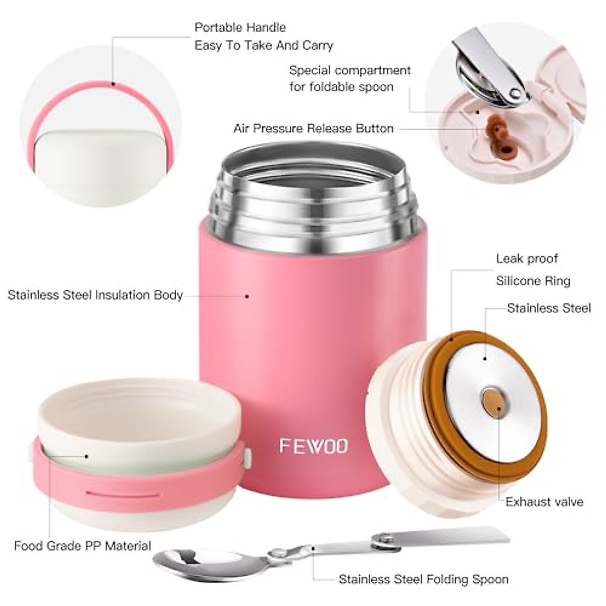 FEWOO Food Jar, 20oz Insulated Lunch Soup Container for Hot Cold Food for Kids Adults, Leak Proof Vacuum Stainless Steel Lunch Box with Folding Spoon for School Travel Outdoors (Pink)