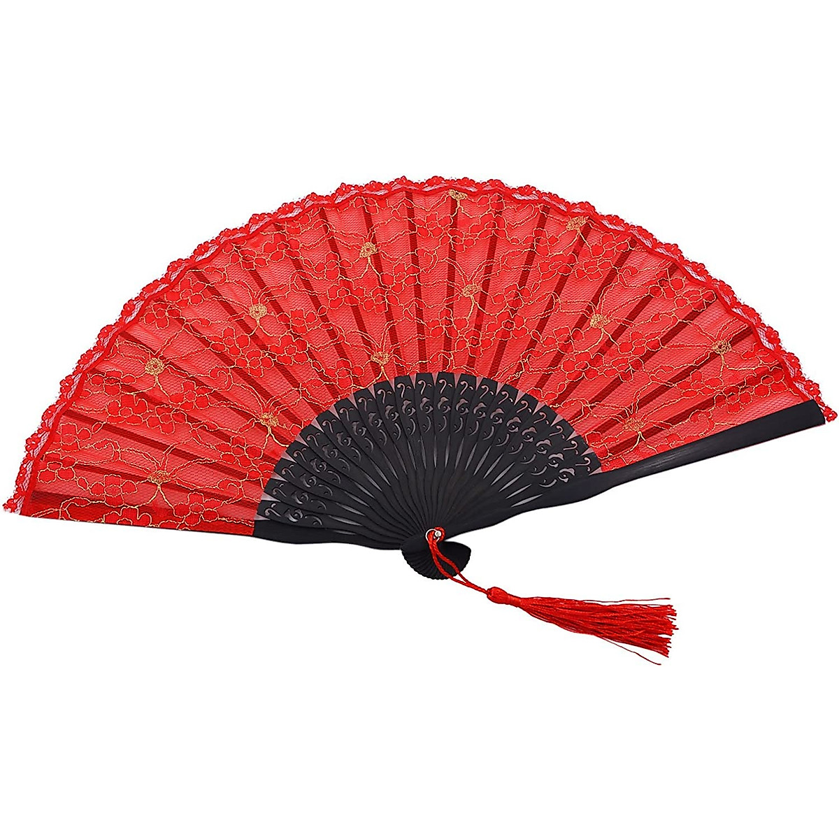 Womens Multi Color Handmade Cotton Lace Folding Hand Fan (Black-A) (Red-a)