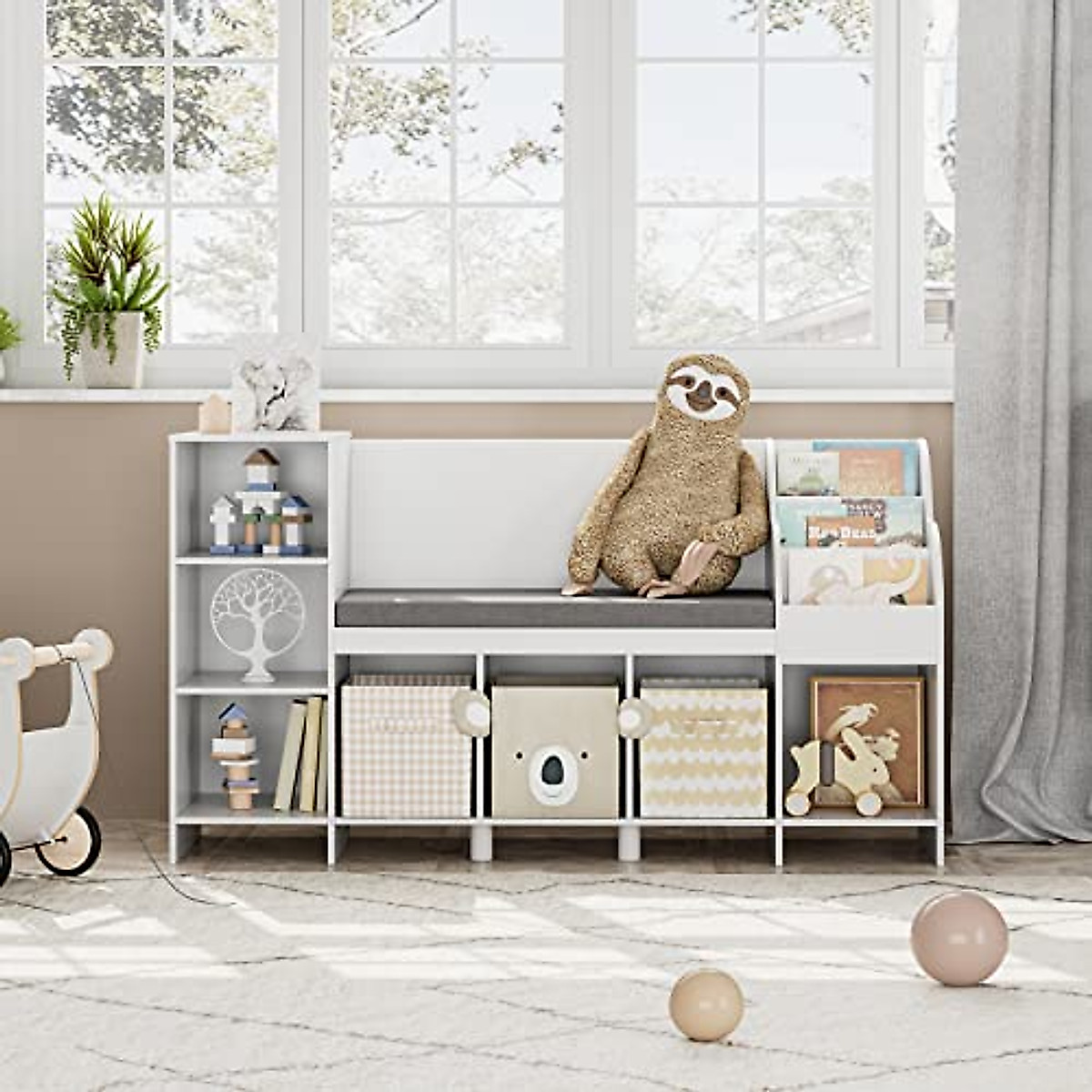 HOUSUIT Kids Bookshelf with Reading Nook, Bookcase with Seat Cushion and Adjustable Shelf, Storage Bench with Book Rack for Bedroom, Entryway, Playroom, 15.7" D x 54.5" W x 31.5" H, White