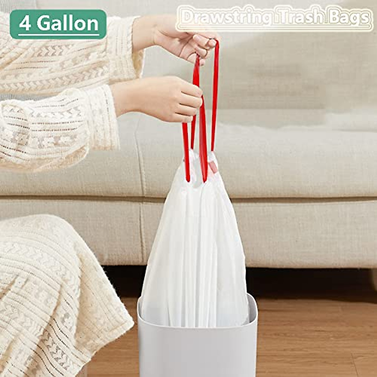 75 Count Small Trash Bags/4 Gallon Drawstring Trash Bags Extra Thick Drawstring Garbage Bags Wastebasket Bin Liners Plastic Trash Bags for Bathroom, Bedroom, Office, Car, Kitchen, Home -White