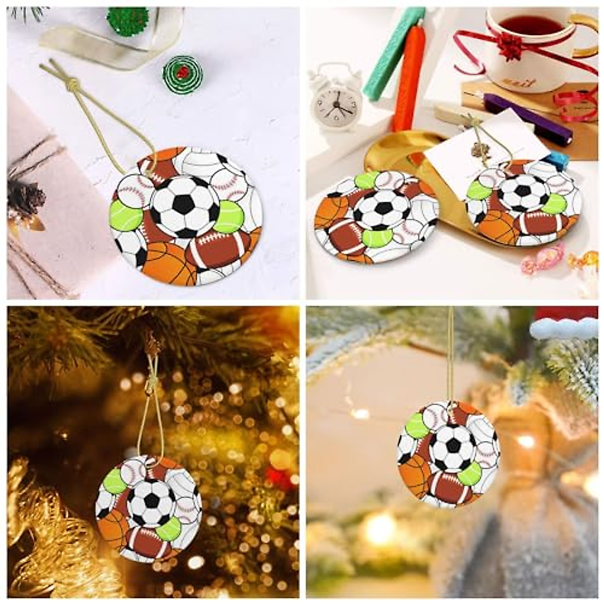 Sports Ball Print Christmas Tree Ceramic Hanging Round Shaped Xmas Tree Pendants Gatherings Party Deco