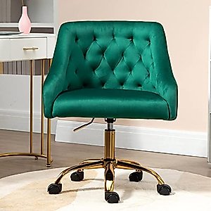 SSLine Modern Cute Desk Chair Home Office Mid-Back Computer Chair on Wheels Elegant Velvet Fabric Task Chair Living Room Upholstery Swivel Chair Vanity Chairs for Girls Women (V Type-Green&Gold)