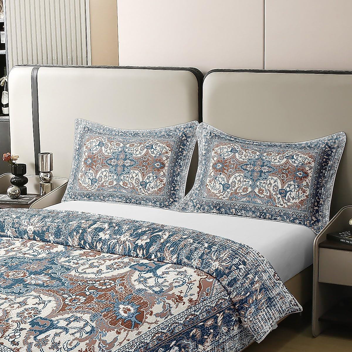 100% Cotton Antique Duvet Cover Twin, Boho Bedding Set, Blue Brown Damask Floral Bohemian Flowers Retro Comforter Cover, Exotic Tribal Medallion Egyptian Bedroom Decor Quilt Cover