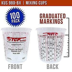 Custom Shop - Full Box Case of 100 Each - 64 Ounce Graduated Paint Mixing Cups - Cups are Calibrated with Multiple Mixing Ratios - Also Includes 12 Lids - Cups Hold 80-Ounces Epoxy Resin