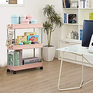 DILUOOU 3 Tier Slim Storage Cart, Mobile Shelving Unit Organizer Slide Out Rolling Storage Racks with Wheels, for Kitchen Bathroom Laundry Room Narrow Places，Pink