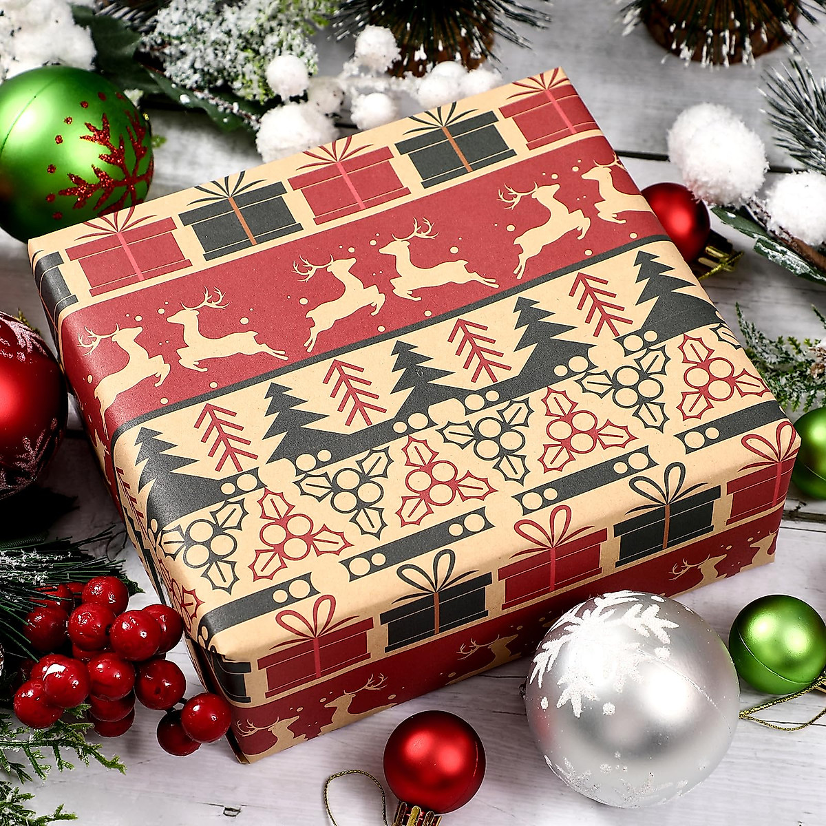 PlandRichW Christmas Wrapping Paper 12 Sheets of Folded Brown Kraft Paper with Red and Green, Greetings, Snowflakes, Reindeer, Christmas Tree Elements Series, 20 X 29 Inches Each