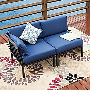 LOKATSE HOME 2 Piece Patio Furniture Corner Sofa Sectional Outdoor Loveseat Armchiar and Armless Sets Metal Steel Frame with Comfy Cushions, Blue