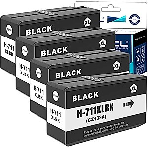 LCL Compatible Ink Cartridge Pigment Replacement for HP 711XL 711 XL CZ129A CZ133A 80ML High Yield Designjet T120 24 T120 610 T520 24 T520 36 T520 610 T520 914 T125 24 (4-Pack Black)