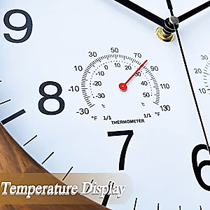 Reynoe Wooden Wall Clock with Temperature and Humidity, 12 Inch Brown, Large Numbers for Room Decor