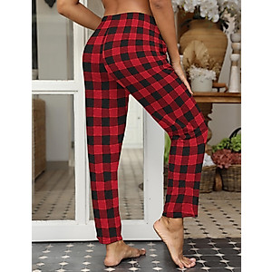 Ekouaer Women Pajama Pants Comfy Pj Bottom with Pockets Stretch Plaid Sleepwear Red and Black Plaid Large