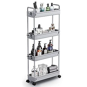 SOLEJAZZ Slim Storage Cart, 4 Tier Bathroom Organizer Mobile Shelving Unit, Rolling Utility Cart Slide Out Organizer for Kitchen, Bathroom, Laundry, Narrow Places, Gray