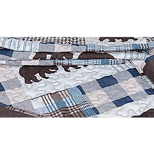 Rustic Modern Farmhouse Cabin Lodge Quilted Couch Sofa Loveseat Armchair Chair Recliner with Patchwork of Grizzly Bears and Buffalo Plaid Check Houndstooth Patterns Beige Blue - Western 2 (Chair)