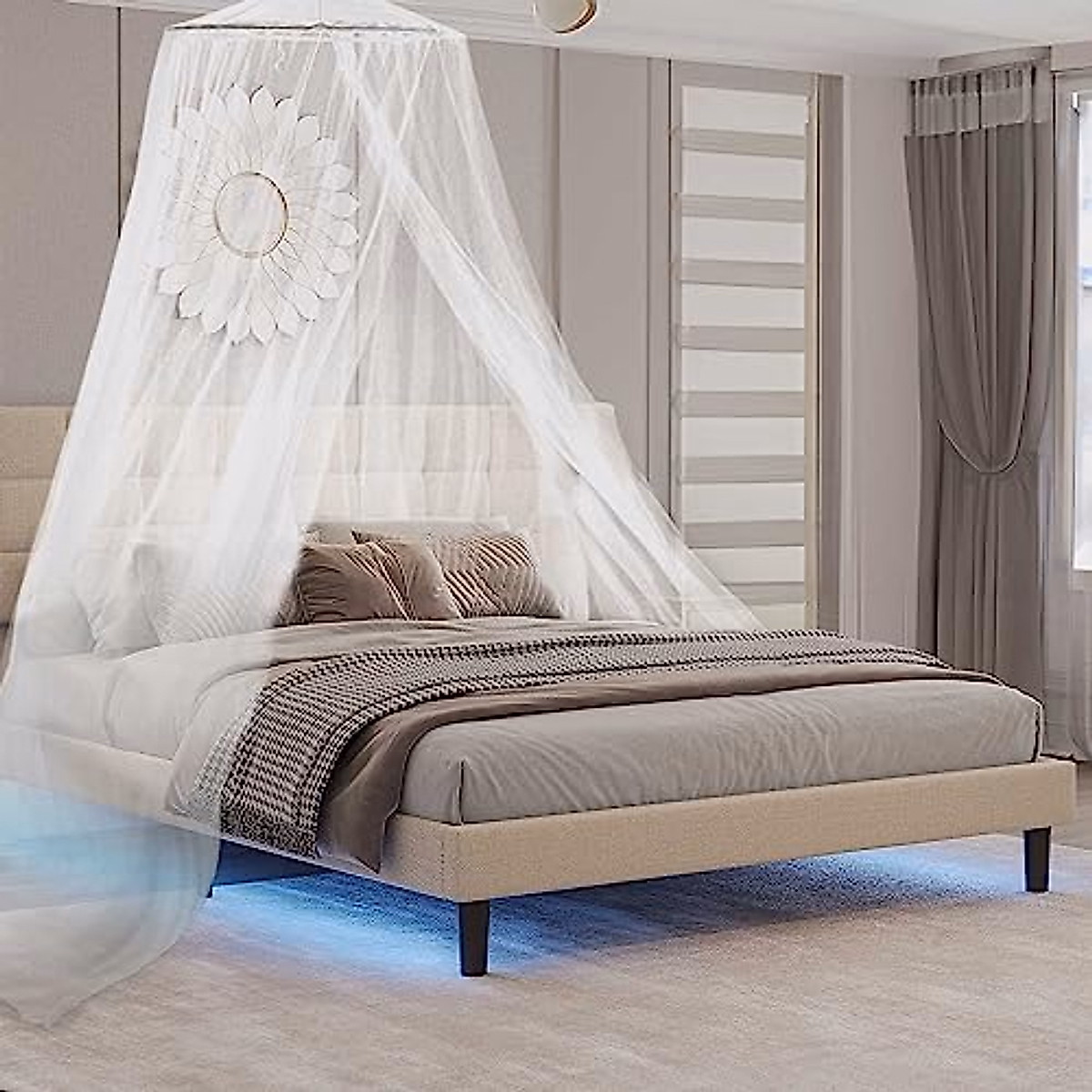 RIDFY Queen Size Bed Frames with LED Lights, Modern Upholstered Platform Bed Frame with Adjustable Headboard, Camas, Heavy Duty Wood Slat Support, No Box Spring Needed,Easy Assembly, Beige