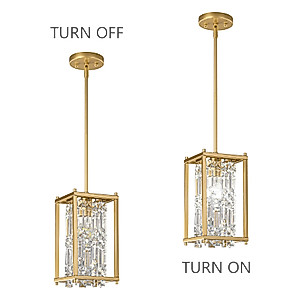 LMQNINE Dining Room Light Fixture Semi Flush Mount Ceiling Light, Industrial Farmhouse Chandelier Gold Metal Crystal Pendant Light for Hallway Balcony Kitchen Island (Square 1-Light)