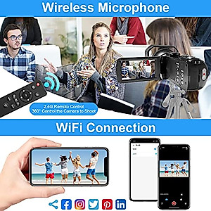 Video Camera 4K Camcorder 56MP Video with Wireless Microphone 16× Digital Zoom Digital Camera YouTube Camera 3’’ Touch Screen with 2.4G Remote Control, 32G SD Card