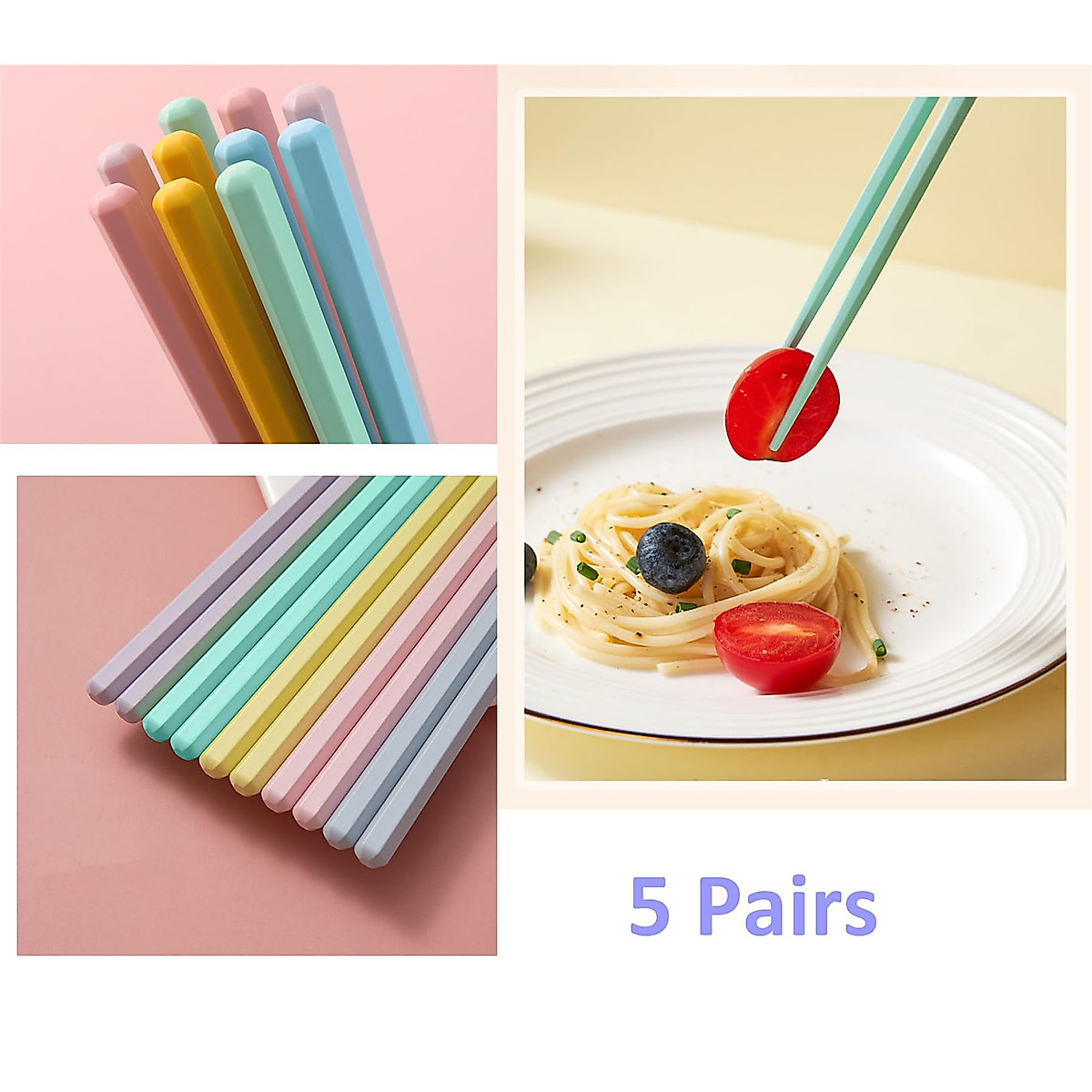 Chopsticks 5 Pairs Dishwasher Safe Reusable Easy to Use Chopsticks Set 9.5 Inches for Sushi, Ramen, Asian Cuisine, Matte Non-slip (Light 5 colors)