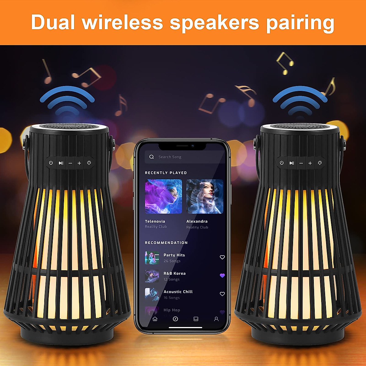 Outdoor Bluetooth Flame Speaker, LED Flickering Flame Effect Speaker with Torch Light, Portable Waterproof Wireless Speaker with Wall Mounted Hook&S Hook&Stake for Camping, Deck, Patio