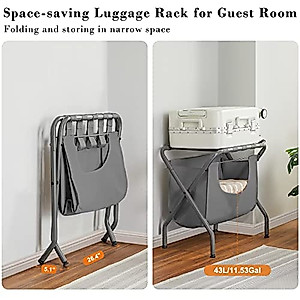 ELYKEN 2 Pack Luggage Rack with Laundry Bag, Guest Room Folding Space Saving Suitcase Holder, Max 110LBS Baggage Shelf with Heavy Duty Nylon Belts, Dirty Clothes Storage for Bedroom Hotel