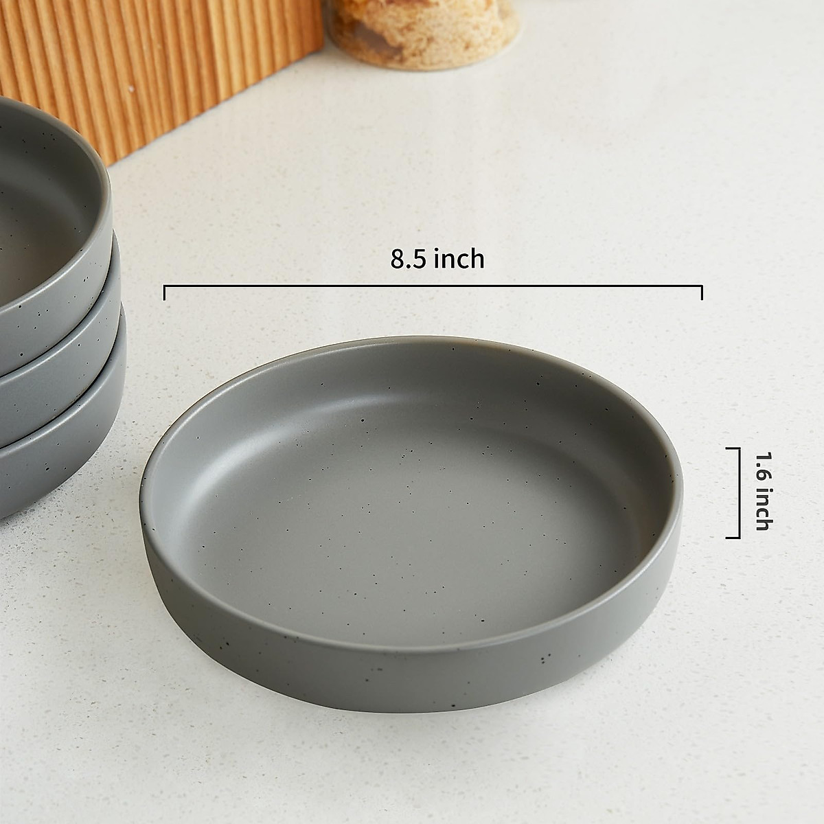 famiware 8.5" Pasta Bowls Set of 4, Dawn Speckled Bowl for Kitchen, Stoneware Dinner Bowl Set for Christmas, Thanksgiving, Microwave Dishwasher Safe, Dark Gray