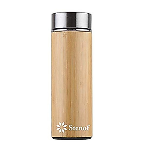 Stenof Bamboo Tea Tumbler with a long tea strainer and a spoon steel insulation 12 hours warmth| 450 ml leak proof tea, coffee and travel water flask| Eco-friendly travel bottle