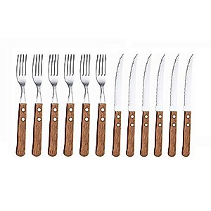 KOVOT 12-Piece Wood Handle Steak Knife & fork Set | Includes (6) 8" Steak Knives + (6) 7.5" Forks