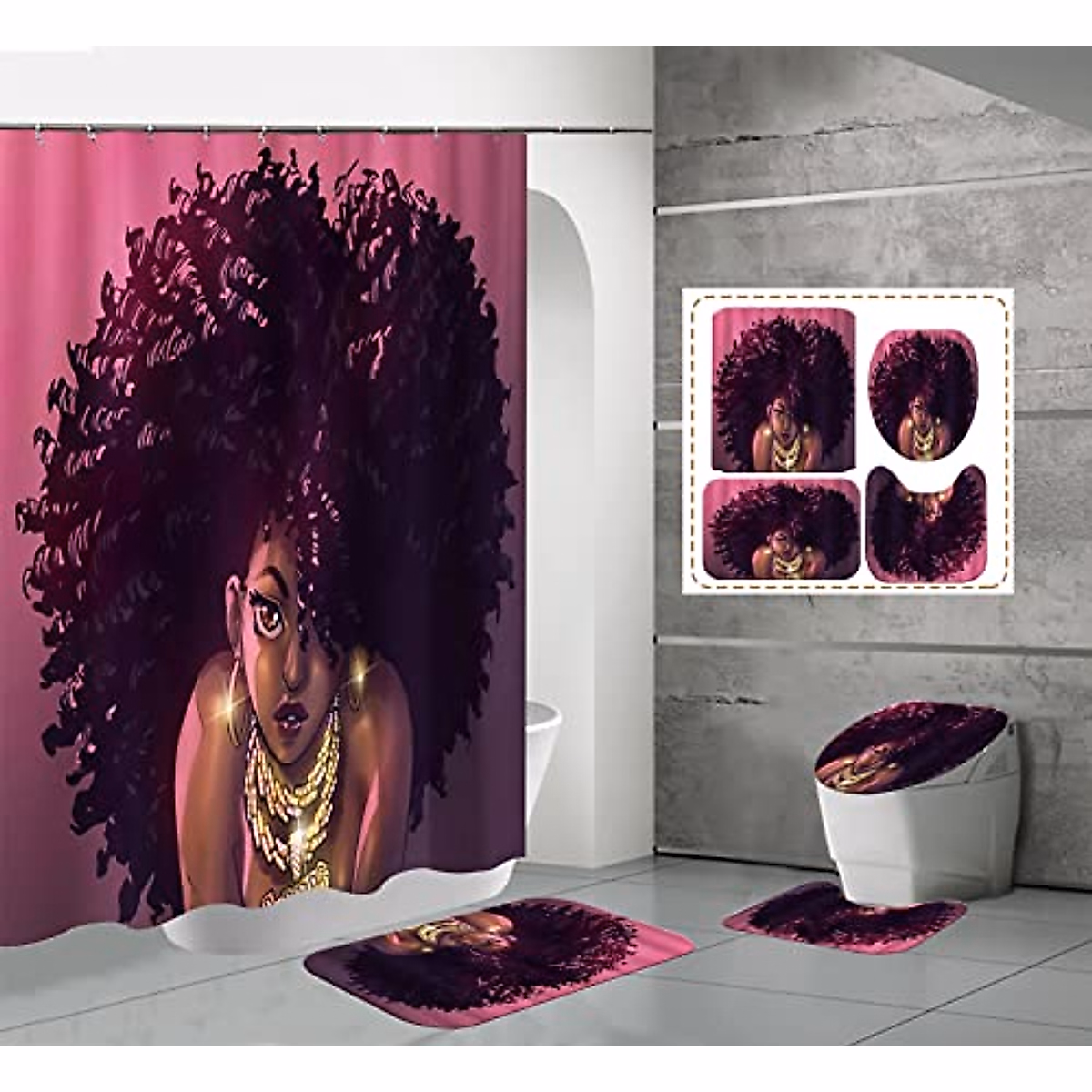 4 Pcs African American Bathroom Shower Curtain Sets with Rugs Lovely Black Girl with Shiny Necklace Shower Curtains with Toilet Lid Cover and Bath Mat Afro Black Girl Bathroom Sets with 12 Hooks