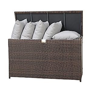 Patiorama Outdoor Wicker Storage Box Patio Aluminum Frame Espresso Brown Wicker Cushion Storage Bin Deck Box, 120 Gallon