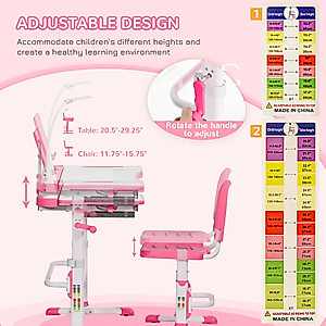 Qaba Kids Desk and Chair Set, Height Adjustable School Study Table and Chair, Student Writing Desk with Tilt Desktop, LED Light, Pen Box, Drawer, Reading Board, Cup Holder, and Pen Slots, Pink