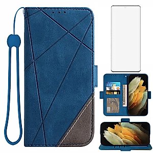 Compatible with Samsung Galaxy S21 Ultra 5G Wallet Case and Tempered Glass Screen Protector Wrist Strap Leather Flip Card Holder Stand Cell Phone Cover for S21ultra 21S S 21 21ultra G5 Women Men Blue