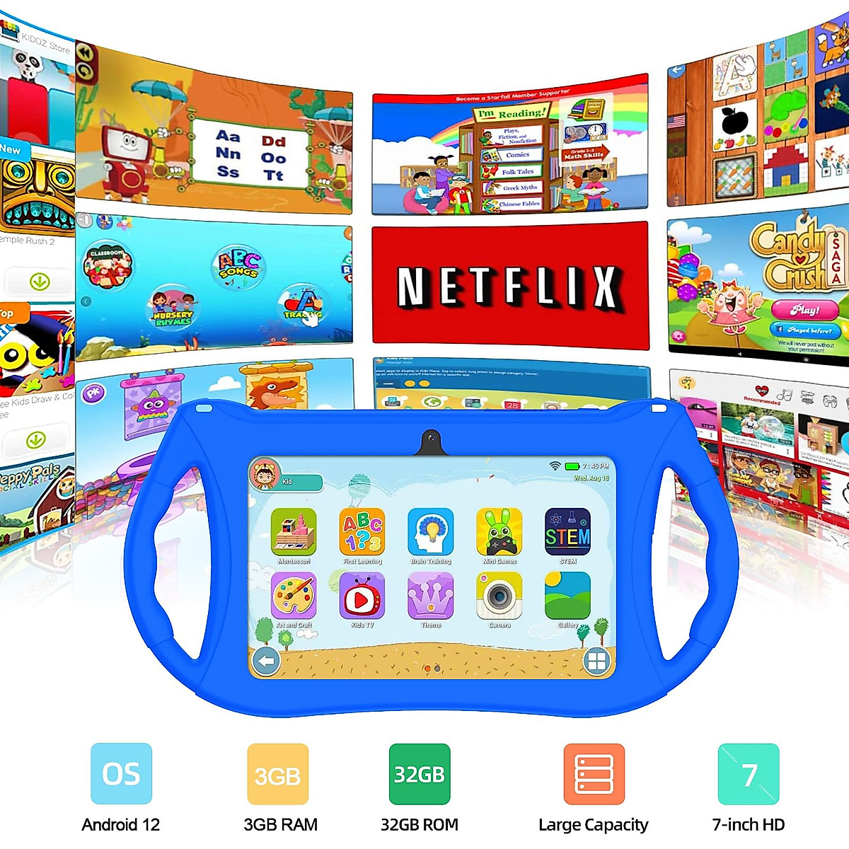 RliyOliy Kids Tablet, 7 inch Android 12 Tablet for Kids, 3GB RAM 32GB ROM Toddler Tablet with Bluetooth, WiFi, GMS, Parental Control, Dual Camera, Educational, Games(Dark Blue)