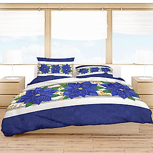 Blue Poinsettia Christmas Duvet Cover Queen Size, Xmas Botanical Floral Comforter Cover with Zipper Closure, 3 Piece Bedding Sets 1 Duvet Cover 90x92 Inches and 2 Pillow Shams