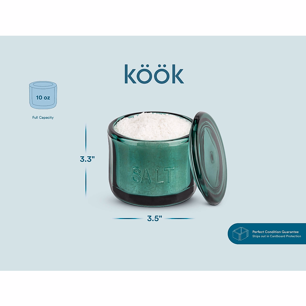 KooK Glass Salt Cellar, with Lid, Embossed Pressed Glass, Clear Storage Container, for Coffee, Sugar, Spices and Candies, 10 oz (Emerald Green)