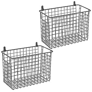 mDesign Portable Metal Farmhouse Wall Decor Storage Organizer Basket Bin with Handles for Hanging in Entryway, Mudroom, Bedroom, Bathroom, Laundry Room - Wall Mount Hooks Included, 2 Pack - Graphite