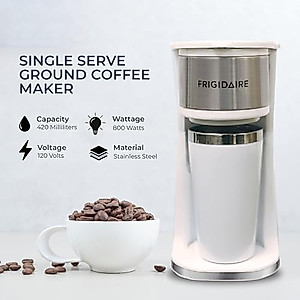Frigidaire Stainless Steel Coffee Maker - Single Cup With Insulted Travel Mug ECMK095 with 420ml Capacity (White)