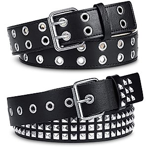 2 Pcs Rivet Studded Punk Belt Double Grommet Belt Gothic Belt for Women Men Gift (Black,No Chain)