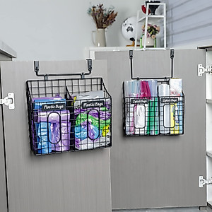 Dispenser Plastic Bag Holder With Detachable Grid Divider, Bag Saver Over the Cabinet Door Organizer with Nameplates for Trash Grocery Bags Cuttingboard Holder for Kitchen Storage Hanging&Wall Mounted