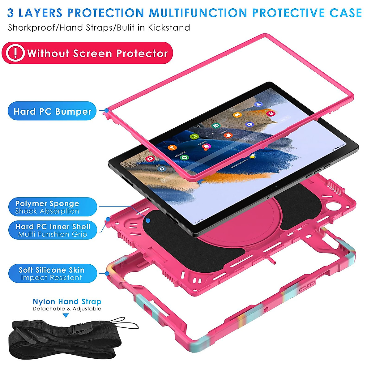 DETUOSI Case for Samsung Galaxy Tab A8 10.5 inch 2022, Galaxy Tab A8 Shockproof Case with 360°Rotatable Stand & Shoulder Strap, Heavy Duty Case for SM-X200/X205/X207, Camouflage Rose Red
